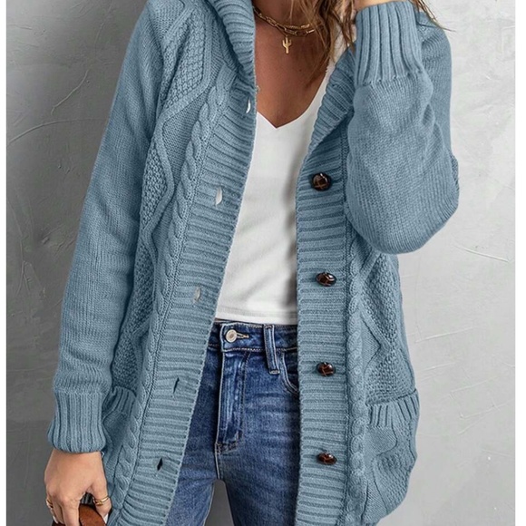 Sweaters | Cozy Light Blue Teddy Lined Cable Knit Hoodie Cardigan ...